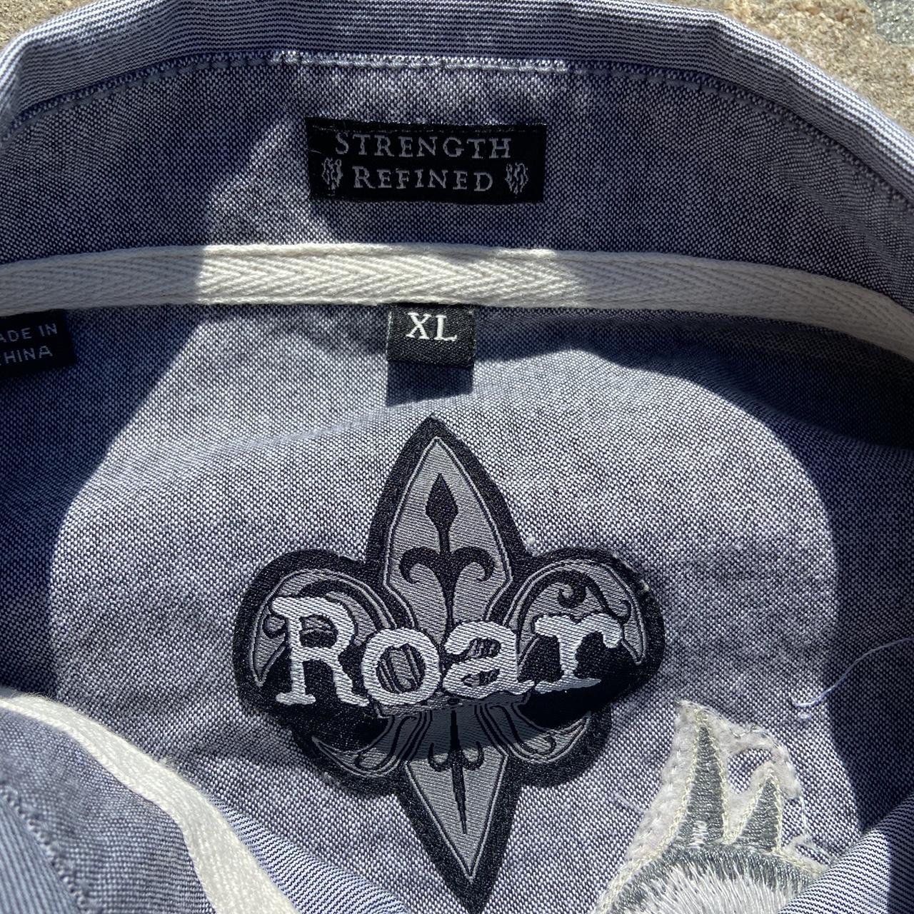 Roar embroidered button down shirt distressed... - Depop