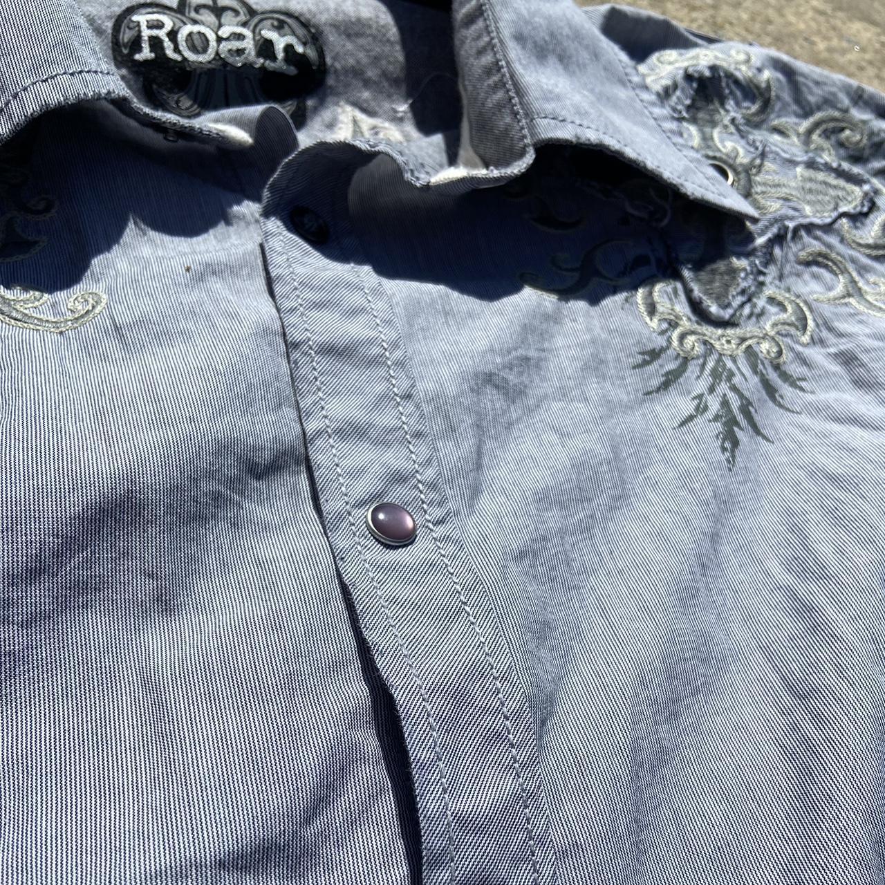 Roar embroidered button down shirt distressed... - Depop