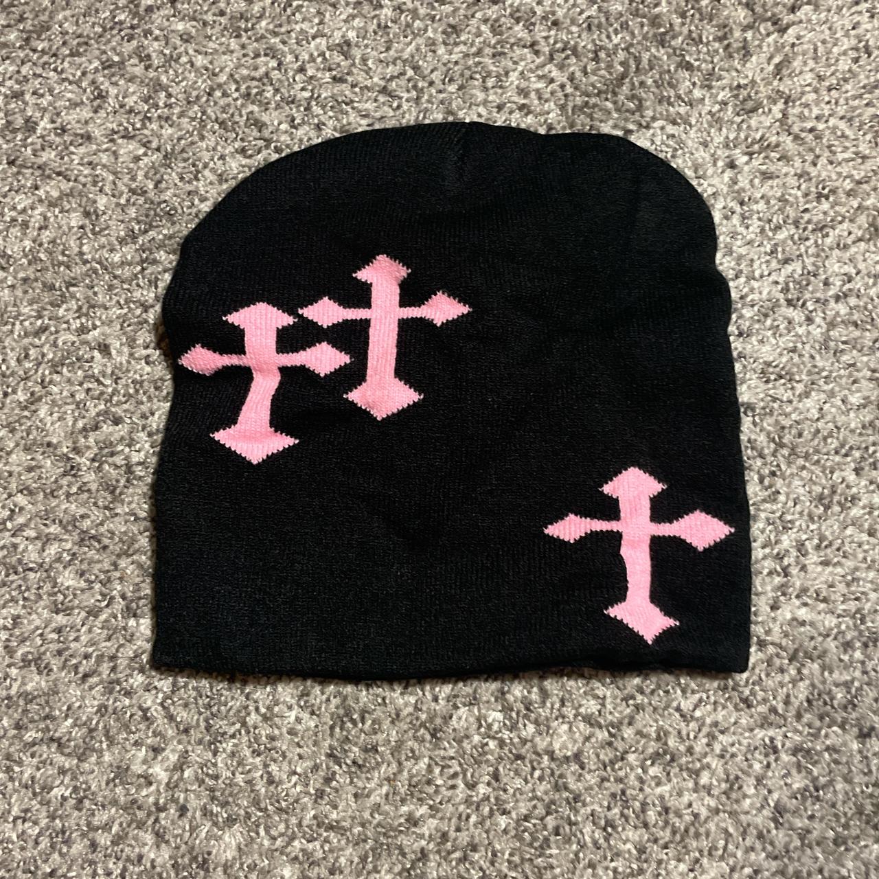 Pink and black crosses y2k vintage beanie #y2k #2000s - Depop
