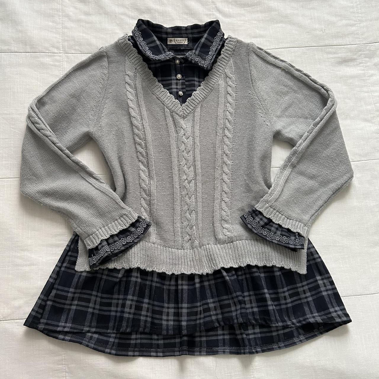 axes femme grey and blue plaid long sleeve sweater... | Depop