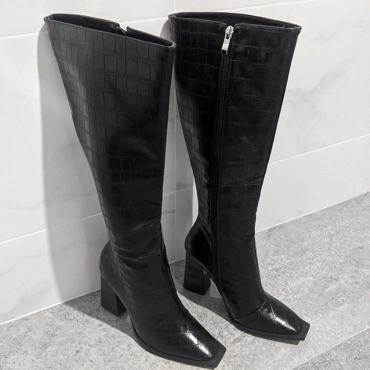 Pretty little thing black faux crocodile skin knee... - Depop