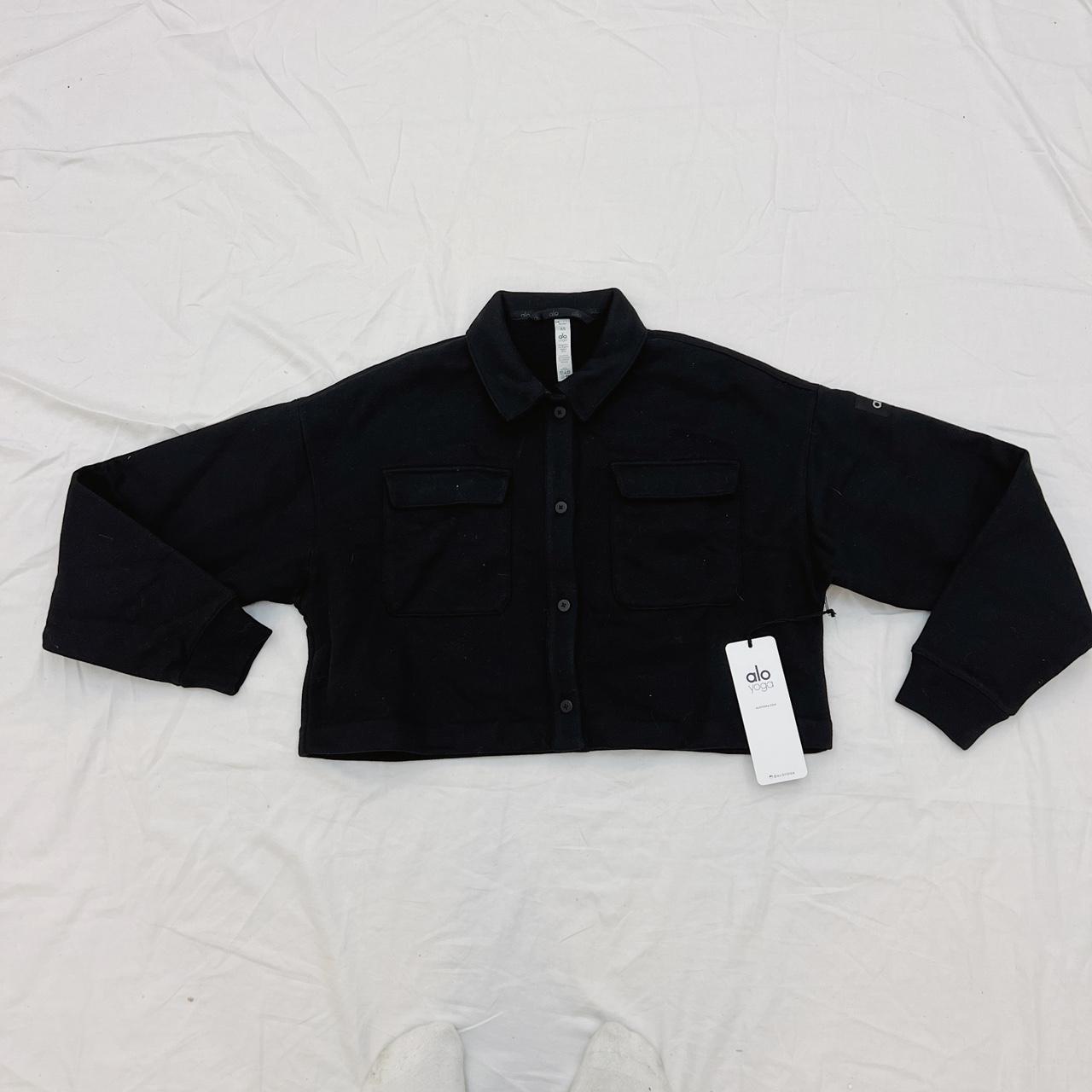 alo yoga renown cropped button up pullover in black... - Depop