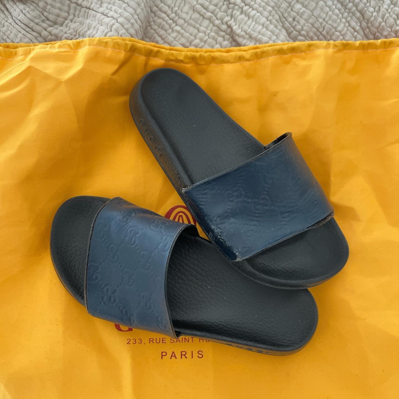 Worn GUCCI navy blue slides - Depop