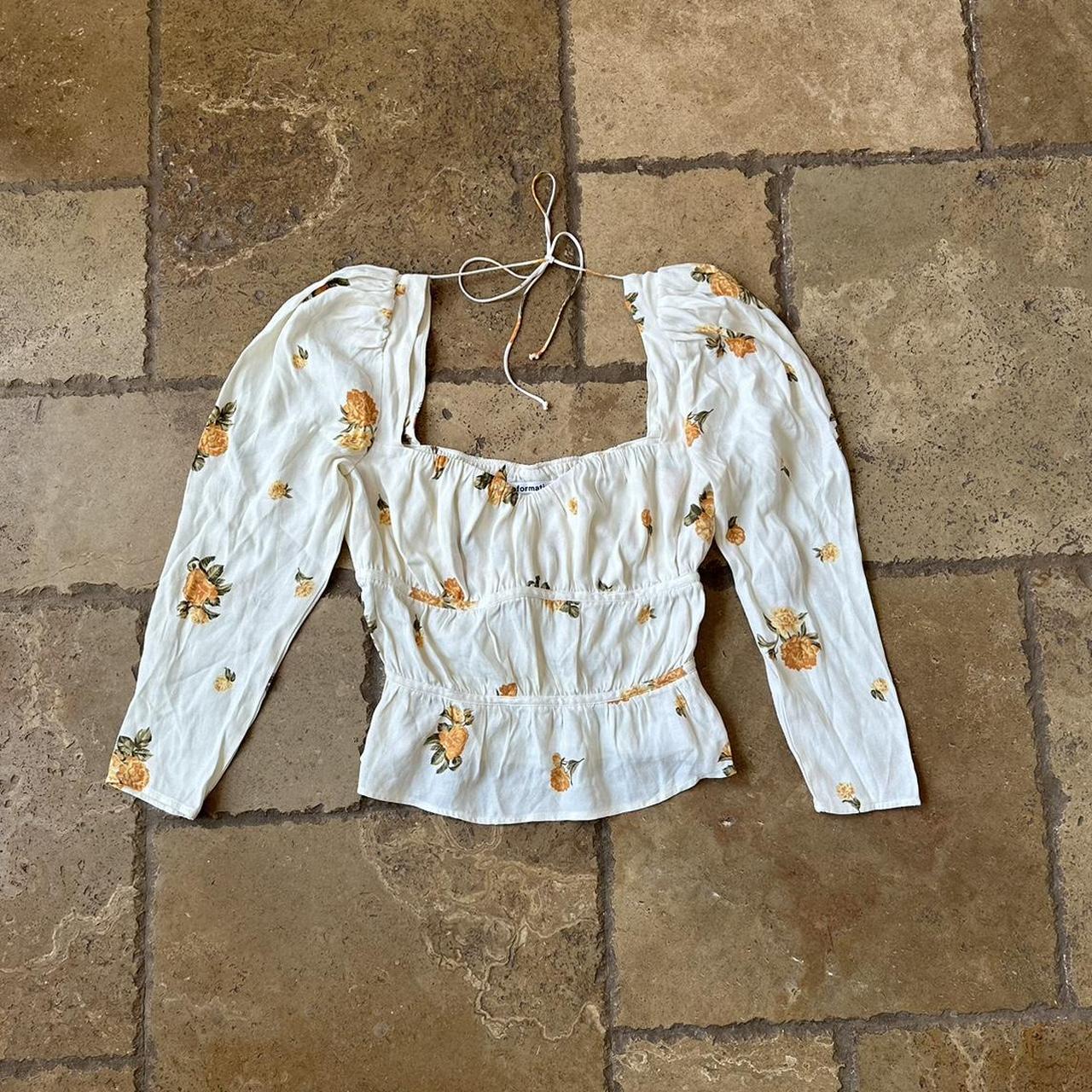 Reformation white long sleeve blouse top with yellow... - Depop