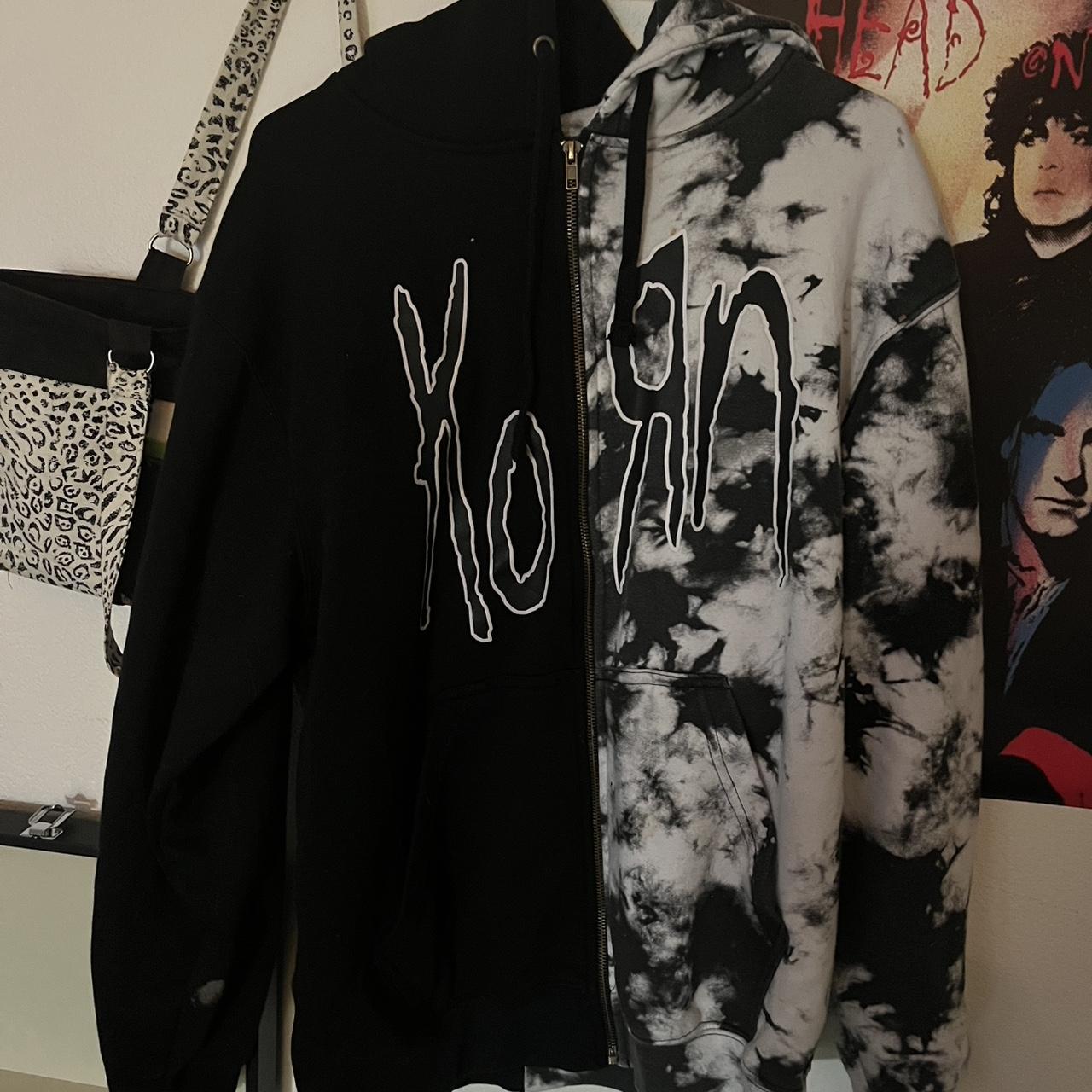 Korn black and white tie dye zip up hoodie... - Depop