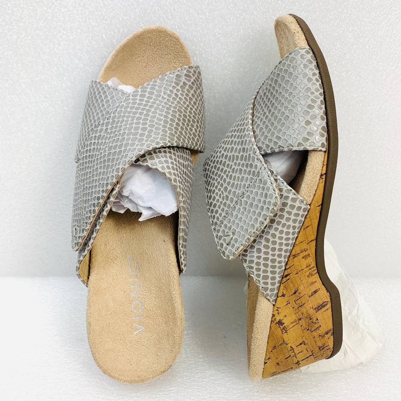 Vionic Leticia Leather Wedge Slides In Aluminum Size Depop