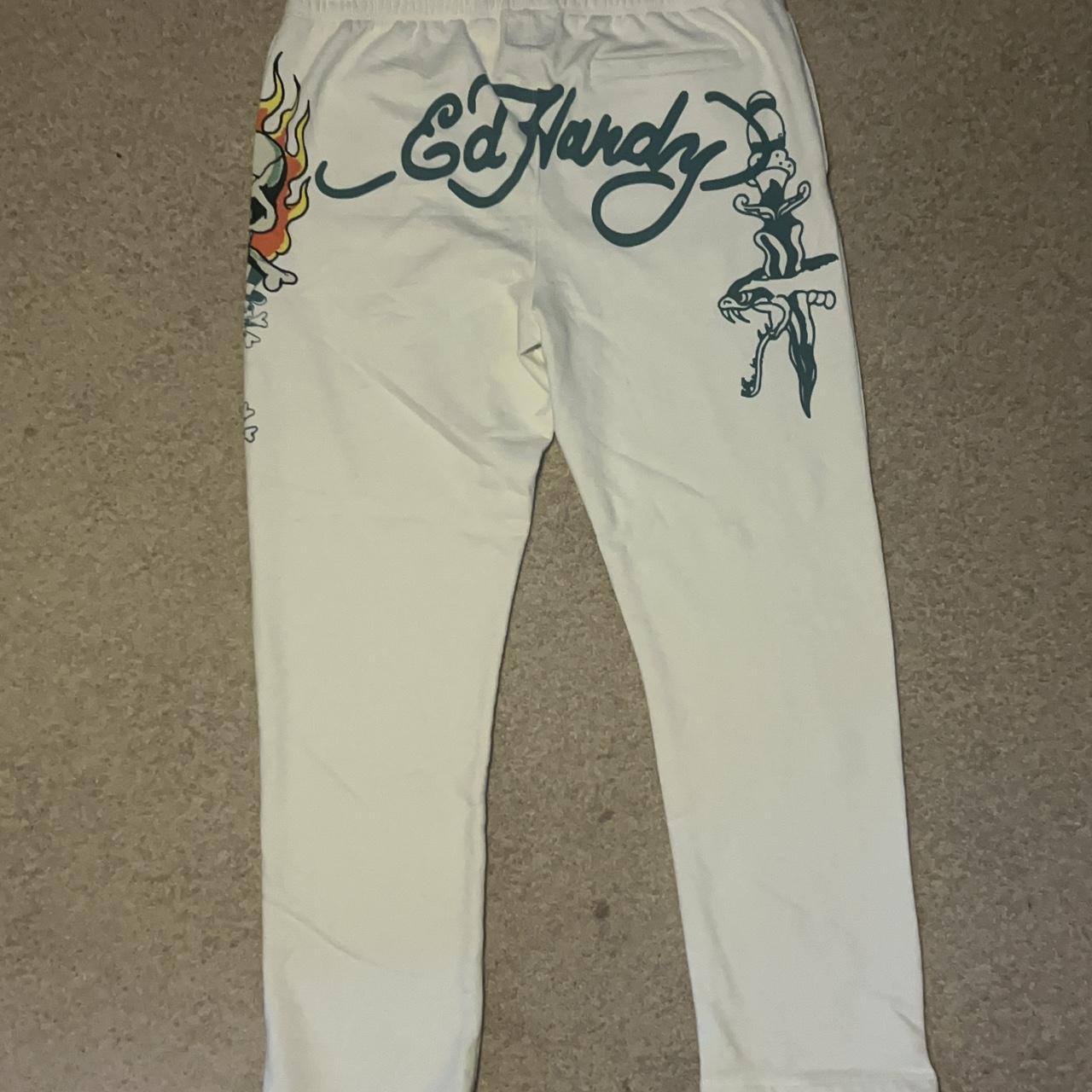 Ed Hardy White baggy sweatpants w/ skull designs... - Depop