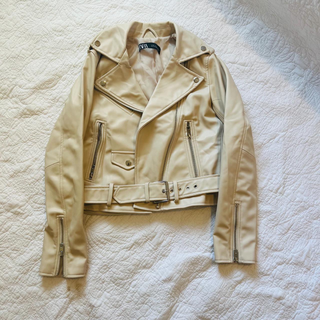 Cream colored Leather jacket - Depop