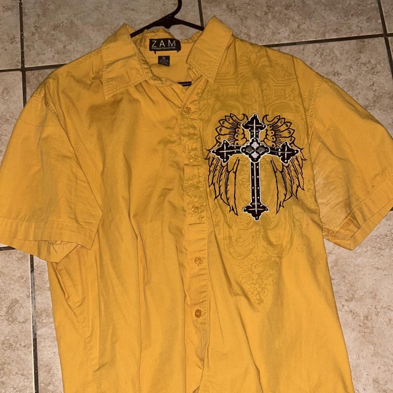 Yellow Zam button up shirt with cross design... | Depop