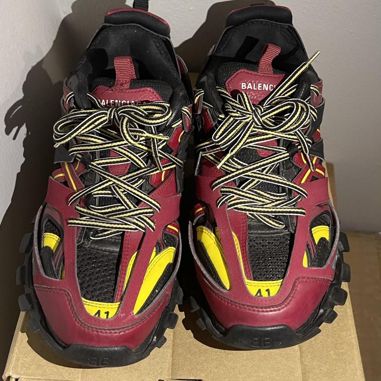Balenciaga Men's Burgundy and Yellow Trainers | Depop