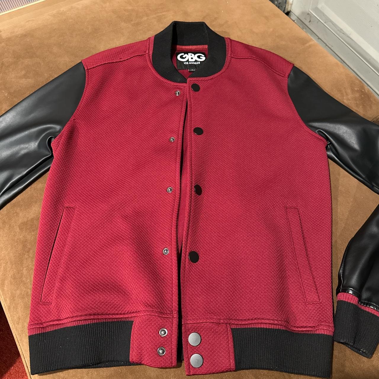 Red/Black varsity styled leather jacket. Size Small.... - Depop
