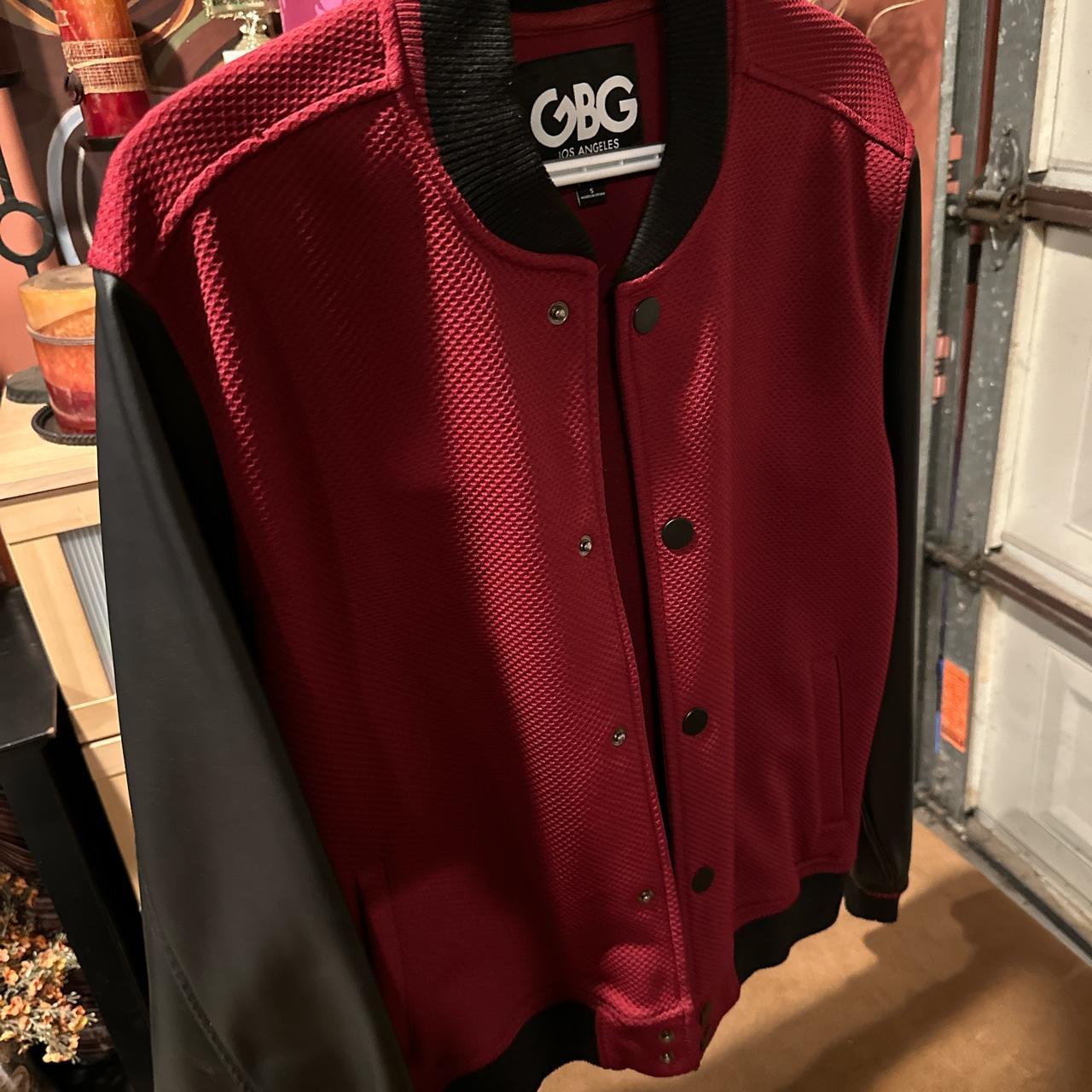 Red/Black varsity styled leather jacket. Size Small.... - Depop