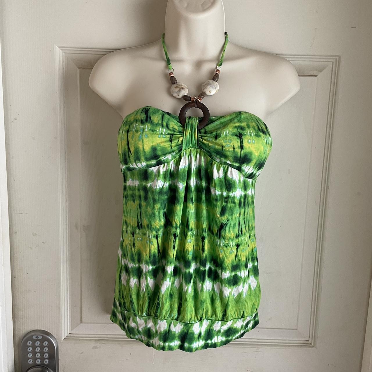 Green Gyaru Top bimbo beach earthy top halter beaded... - Depop
