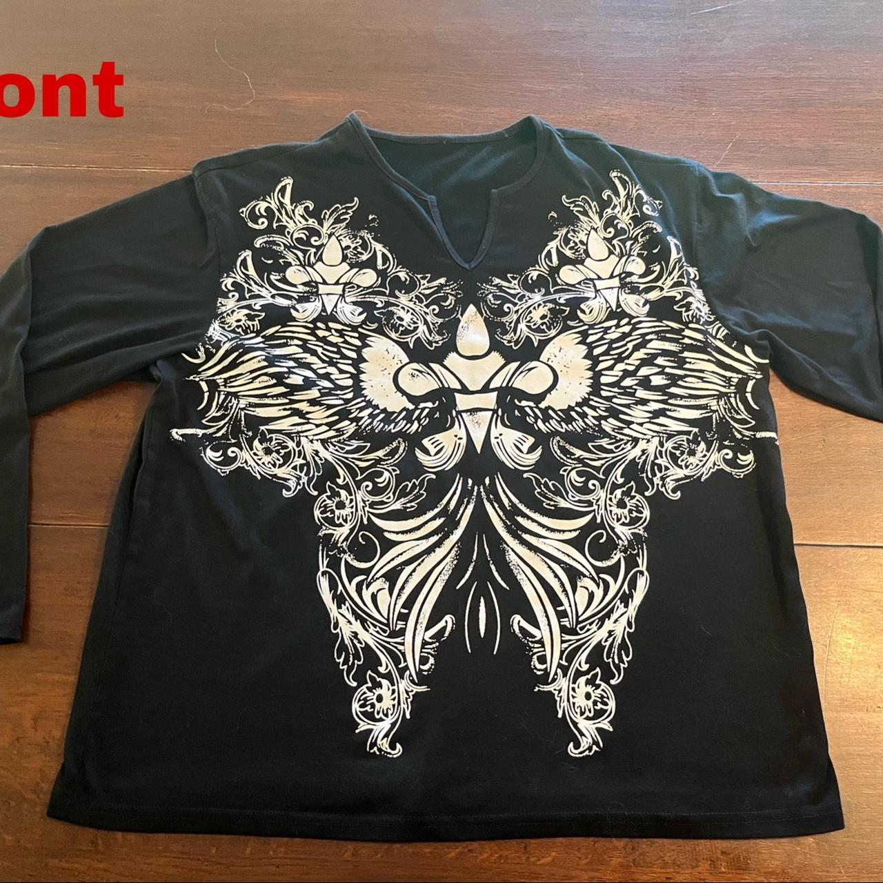 affliction style graphic shirt. imperfections shown... - Depop