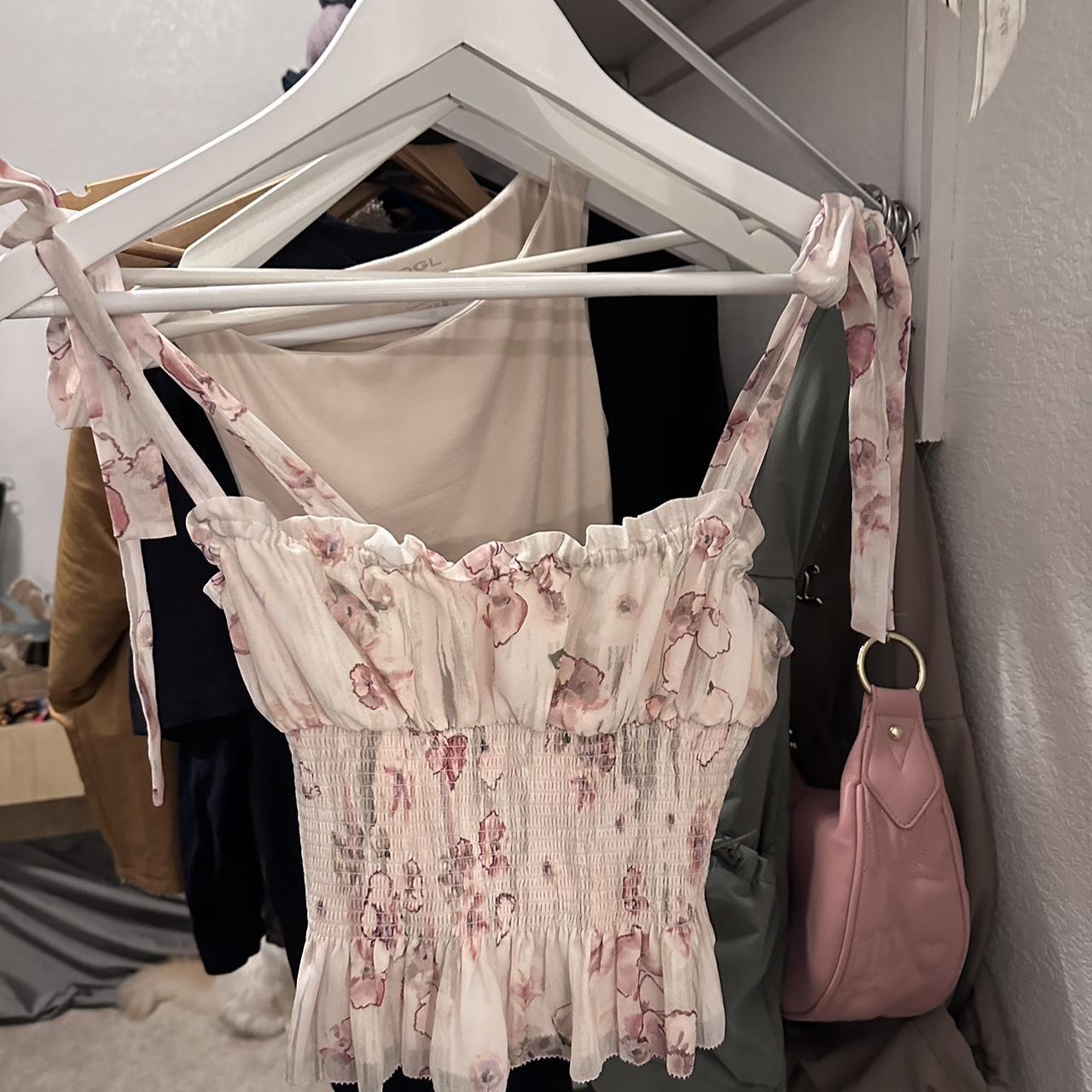 Floral shoulder ribbon tie blouse date night crop... - Depop