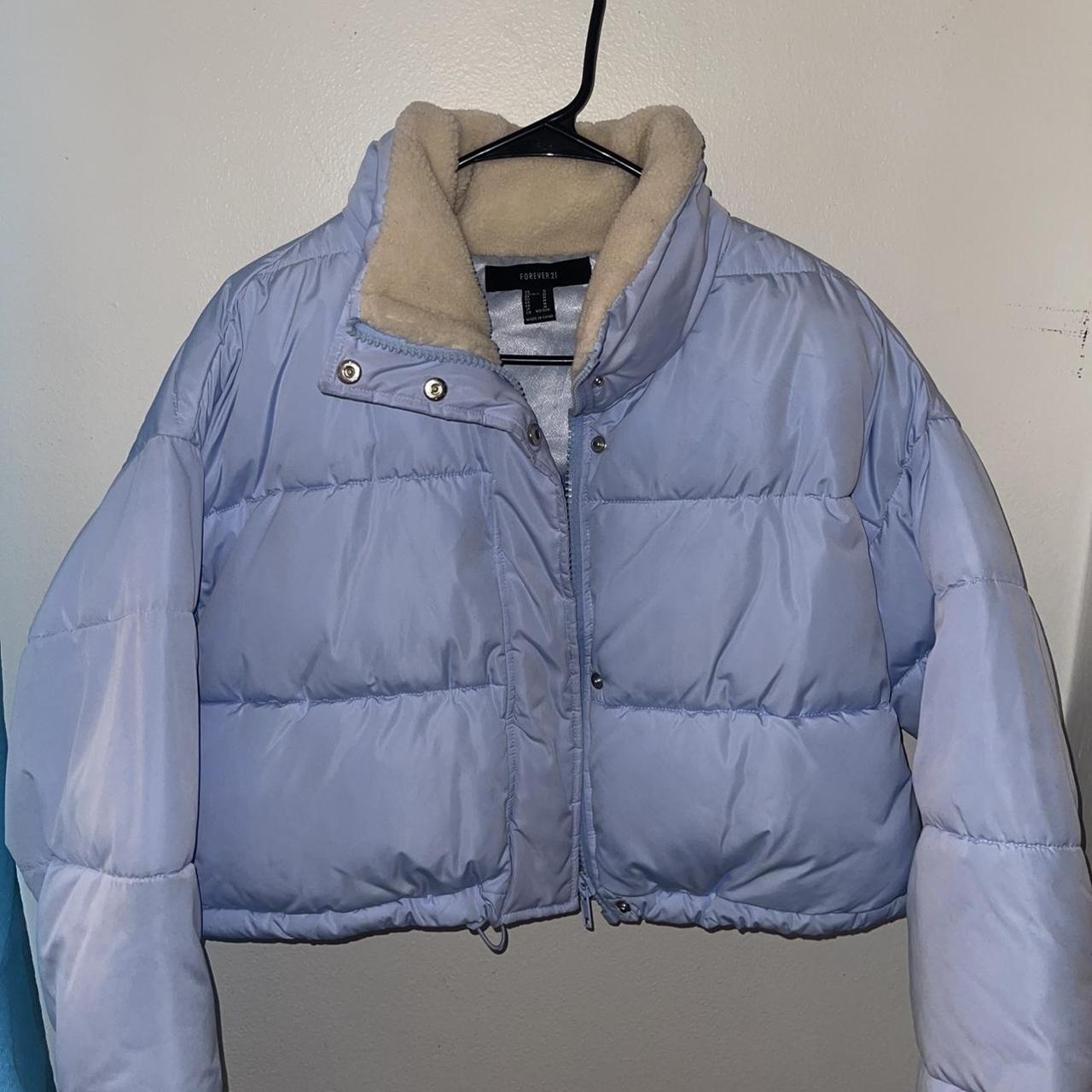 Baby blue puffer jacket Forever 21 Size S Worn twice - Depop