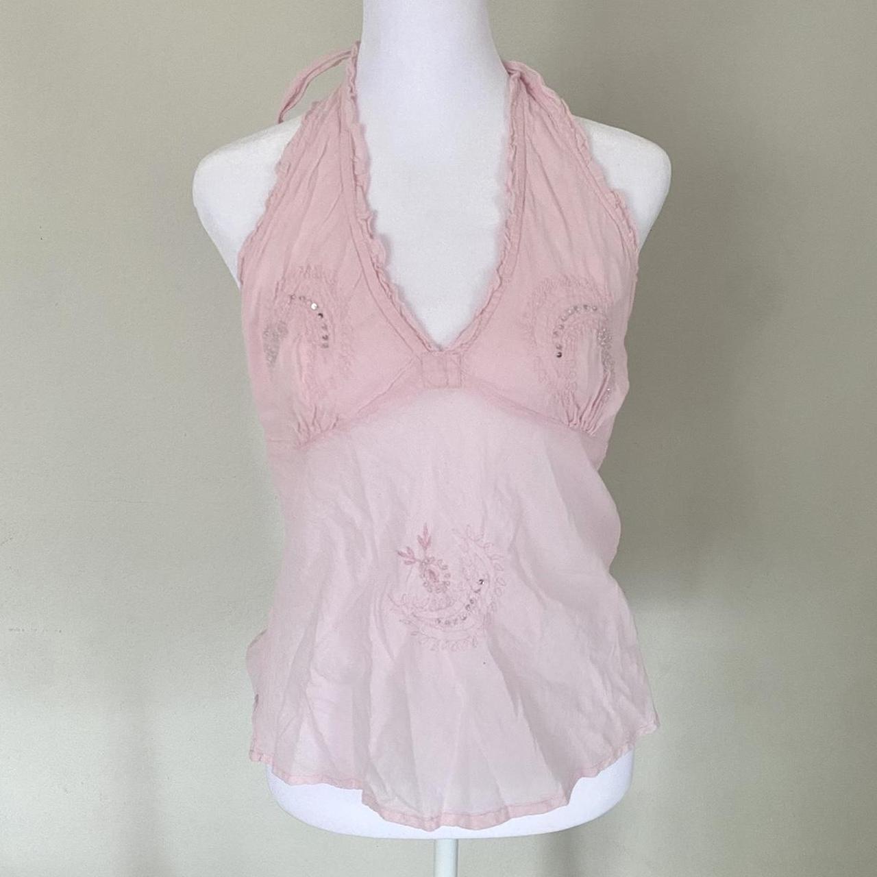 Baby pink dainty semi shear halter top with... - Depop