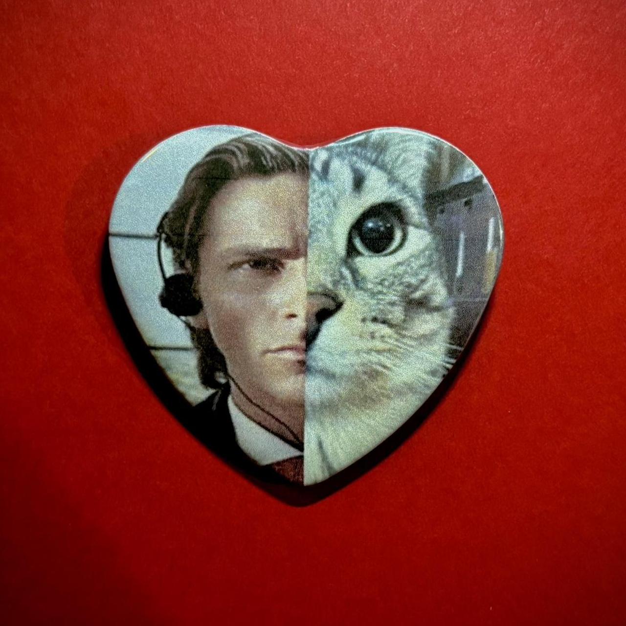 Patrick Bateman heart shaped pin button... | Depop