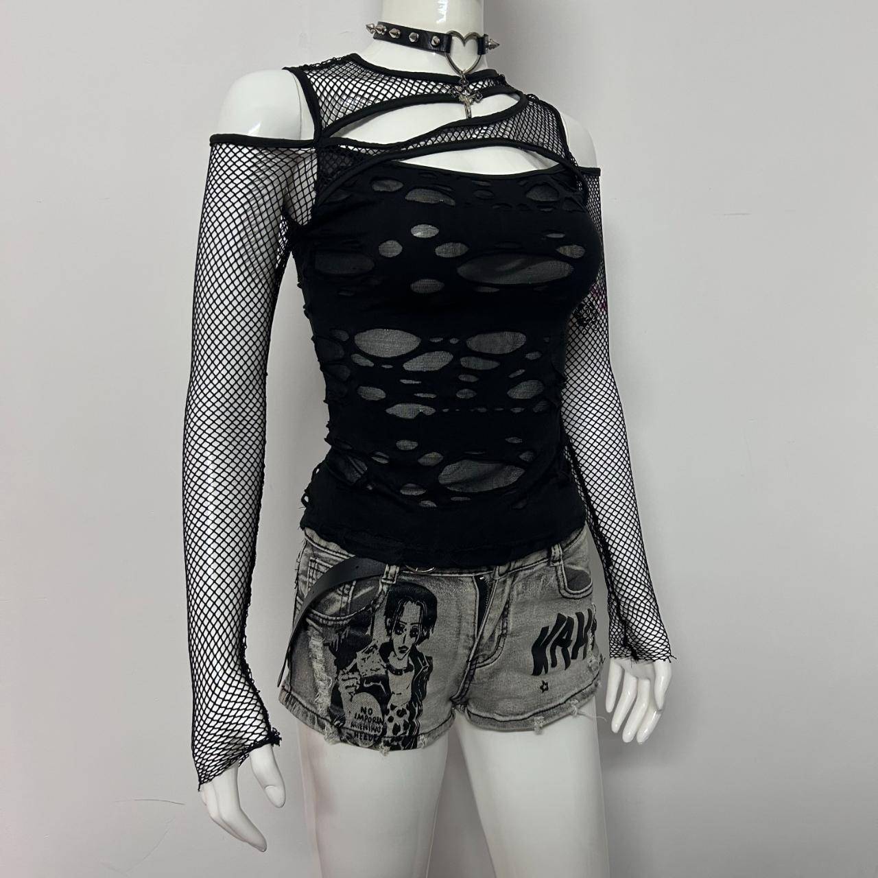 y2k ripped top，punk tops, party concert fishnet... | Depop