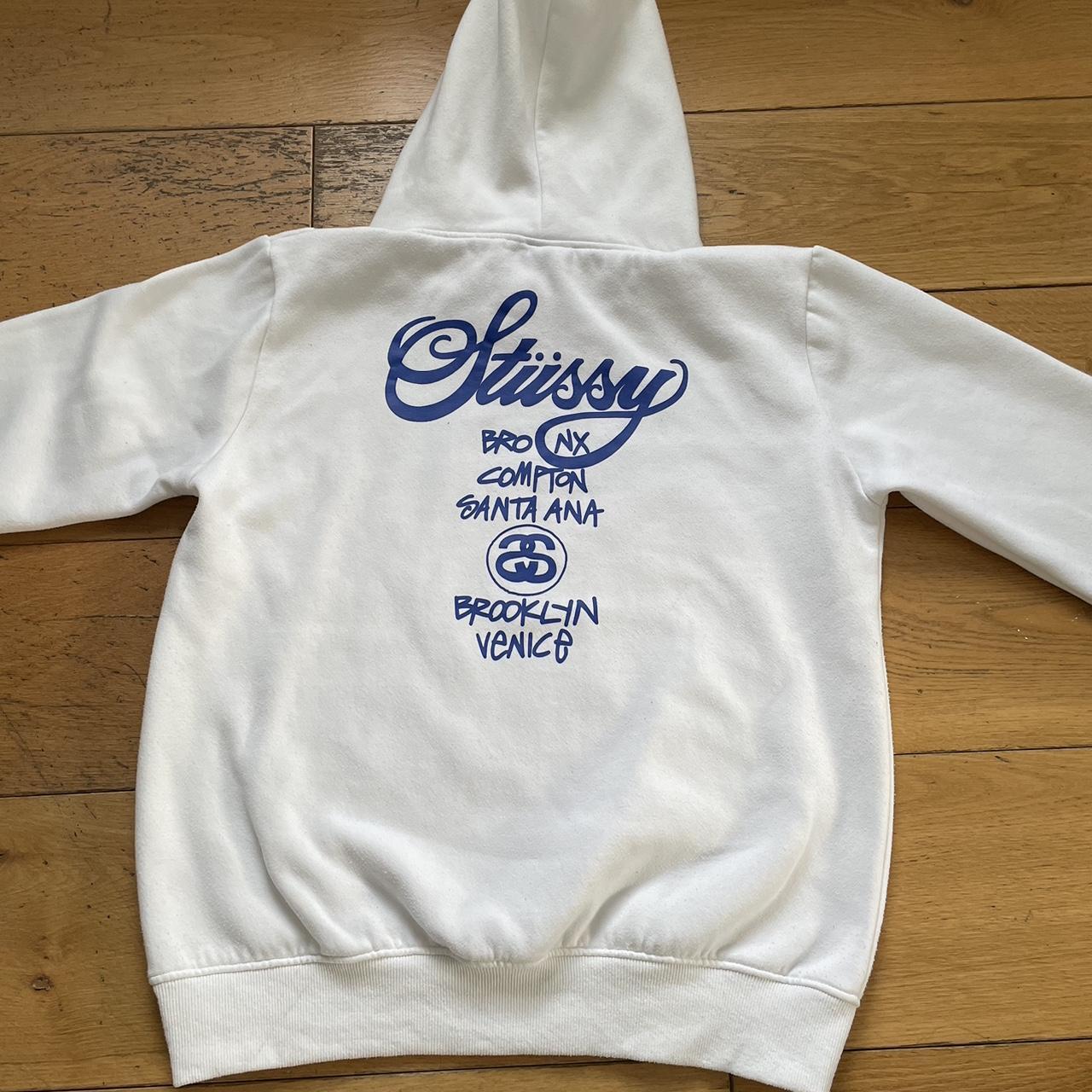 Stussy hoodie White with blue writing Good... - Depop