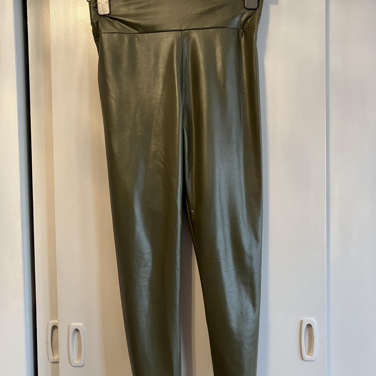 Green pleather leggings. Asia size XL but fits UK 12... - Depop