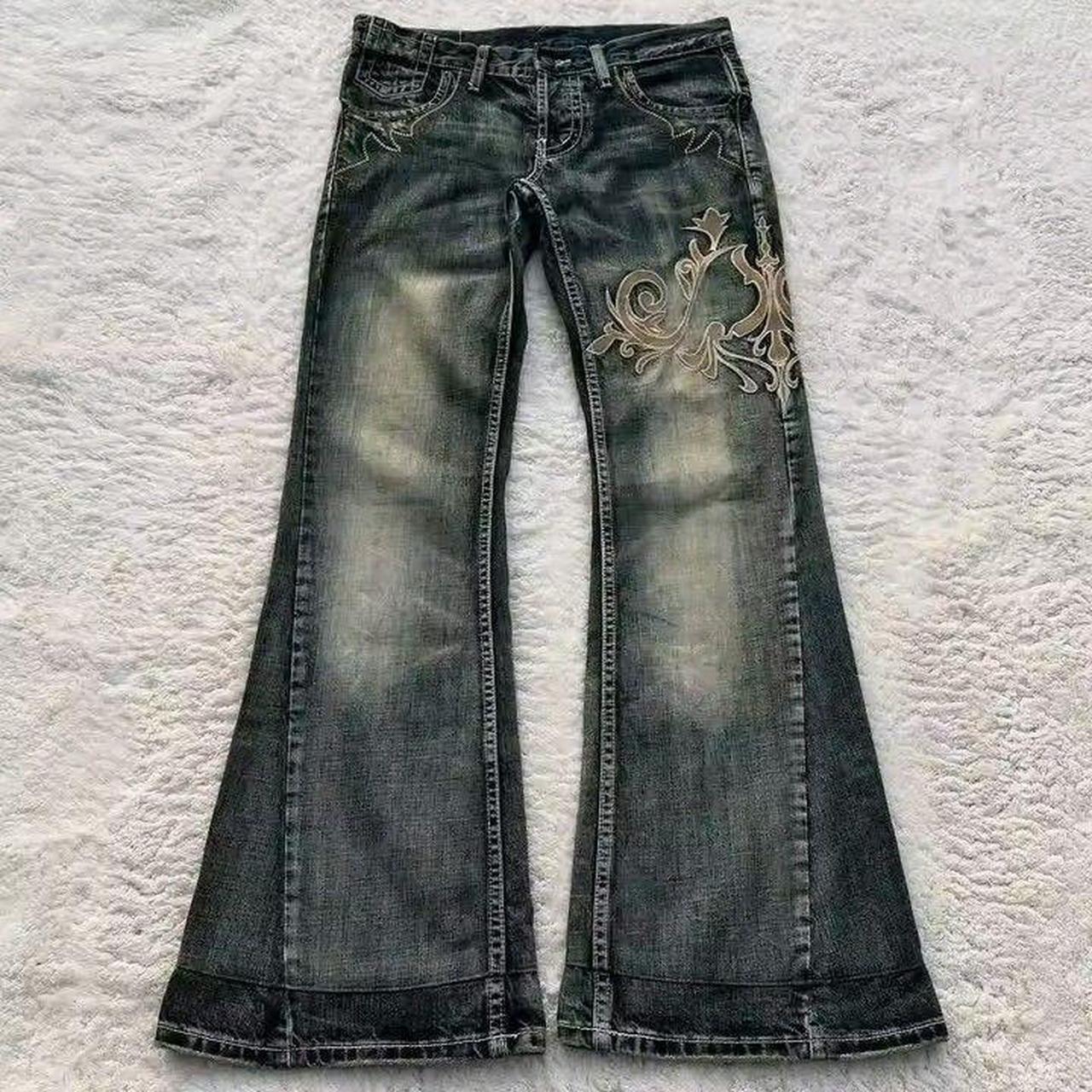 Y2K embroidered low rise flare jeans with unique... | Depop