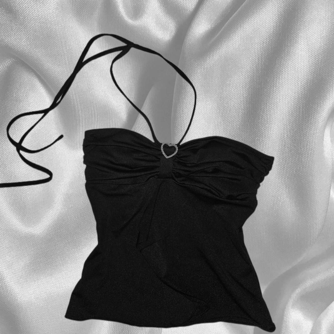 XS-S pearl heart halter string tie top in black... - Depop