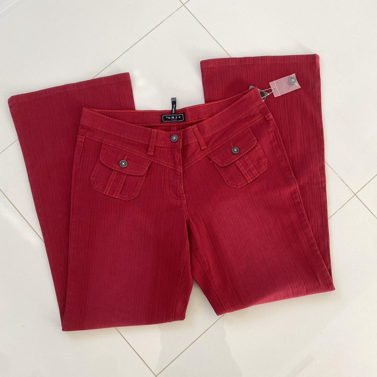 vintage 90s y2k mid rise red wide leg jeans lightly... | Depop