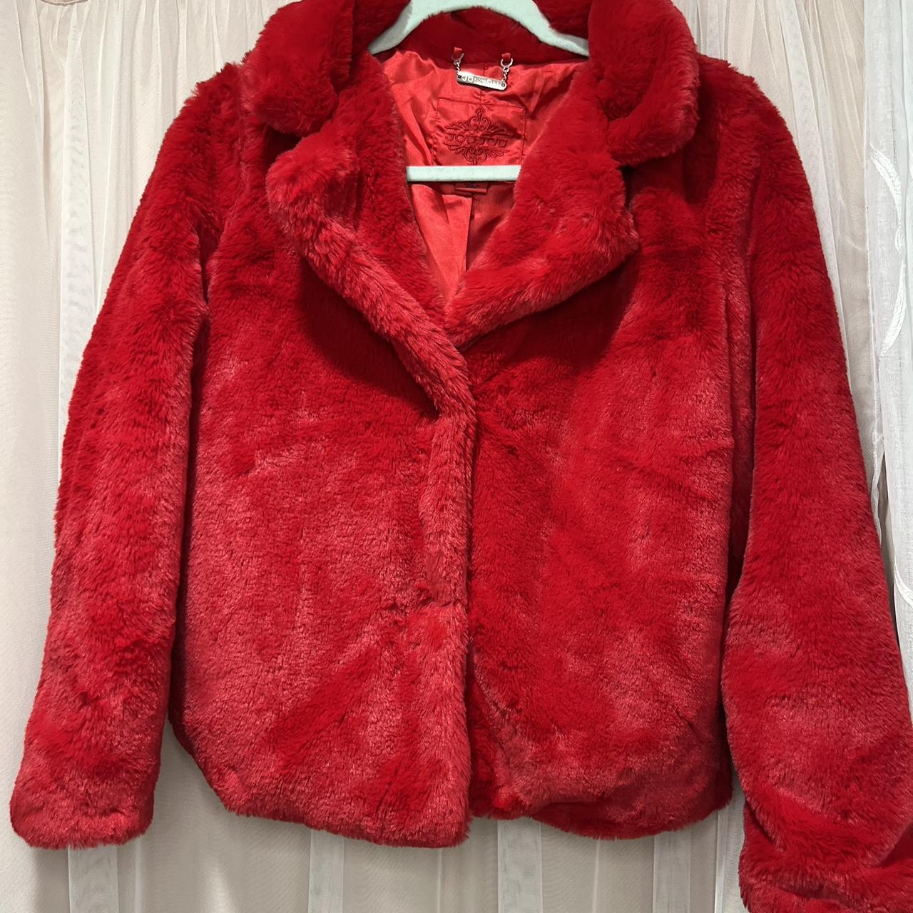 elegant bright red fluffy jacket, a silk feel on the... - Depop