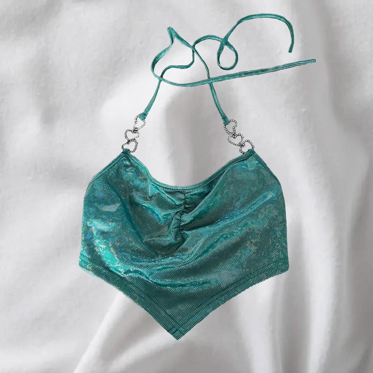Mermaid turquoise sparkly cowl neck holster crop top... - Depop