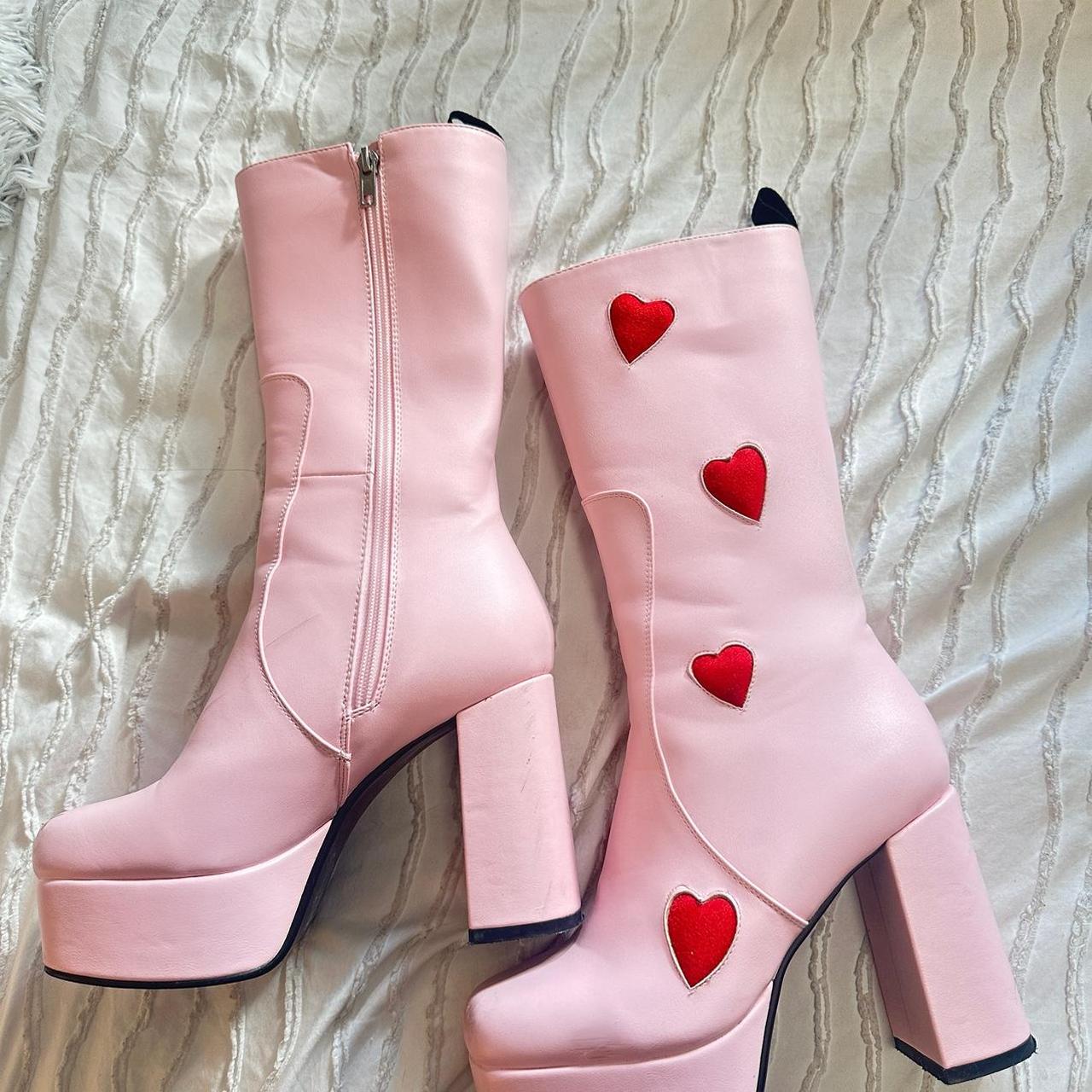 DOLLSKILL pink boots with red hearts, worn once for... - Depop