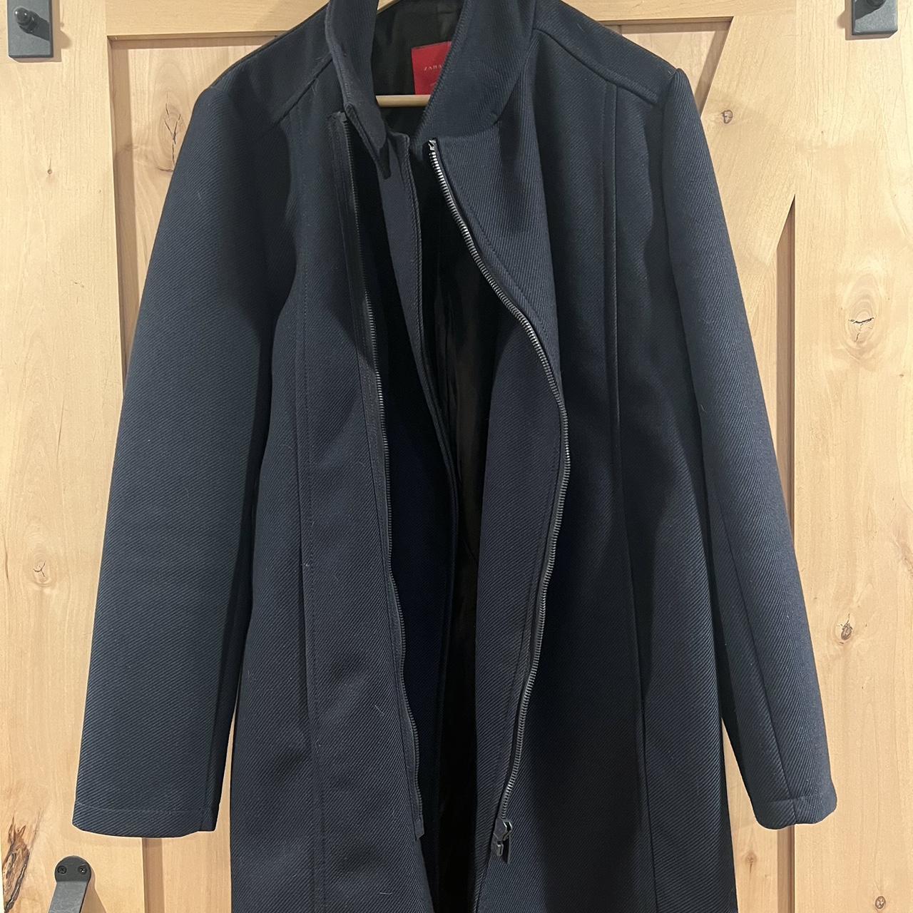 Zara Men Navy overcoat with unique angled front... - Depop