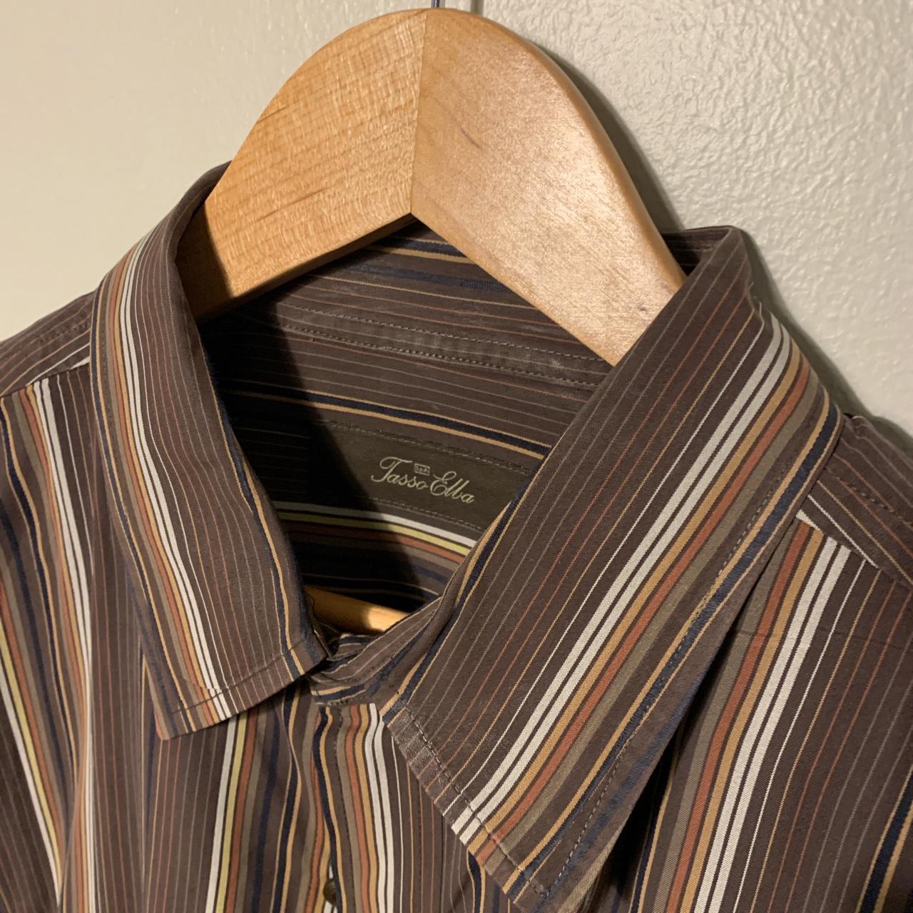 Tasso Elba Brown Multicolor Vertical Lined Collared... - Depop