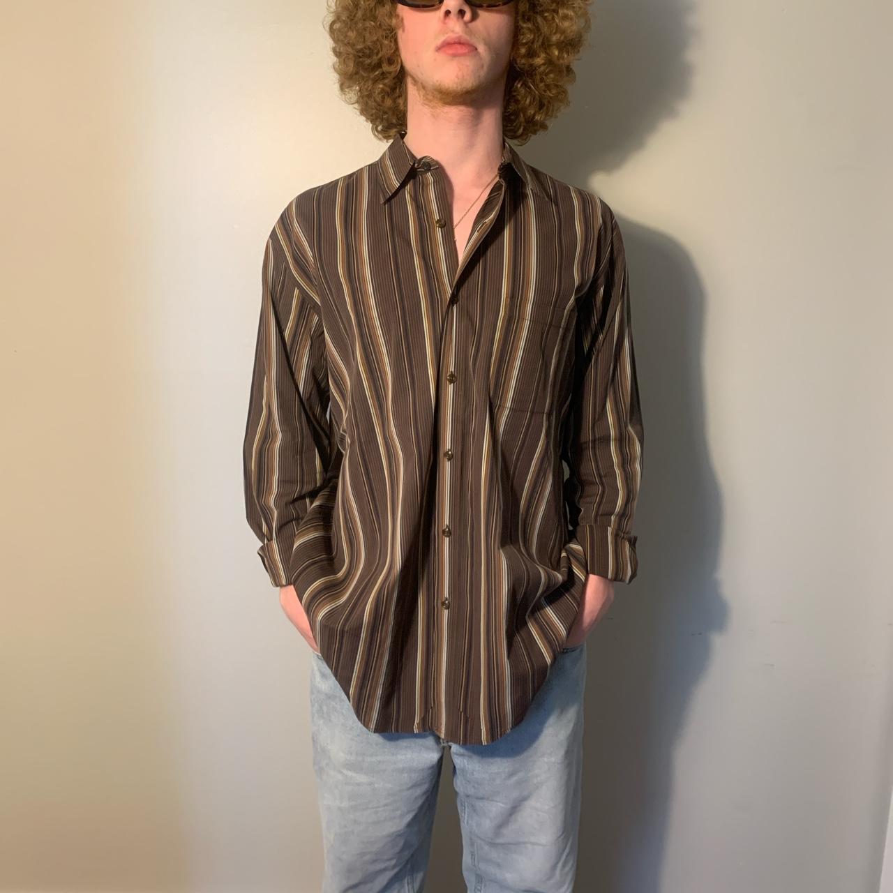 Tasso Elba Brown Multicolor Vertical Lined Collared... - Depop