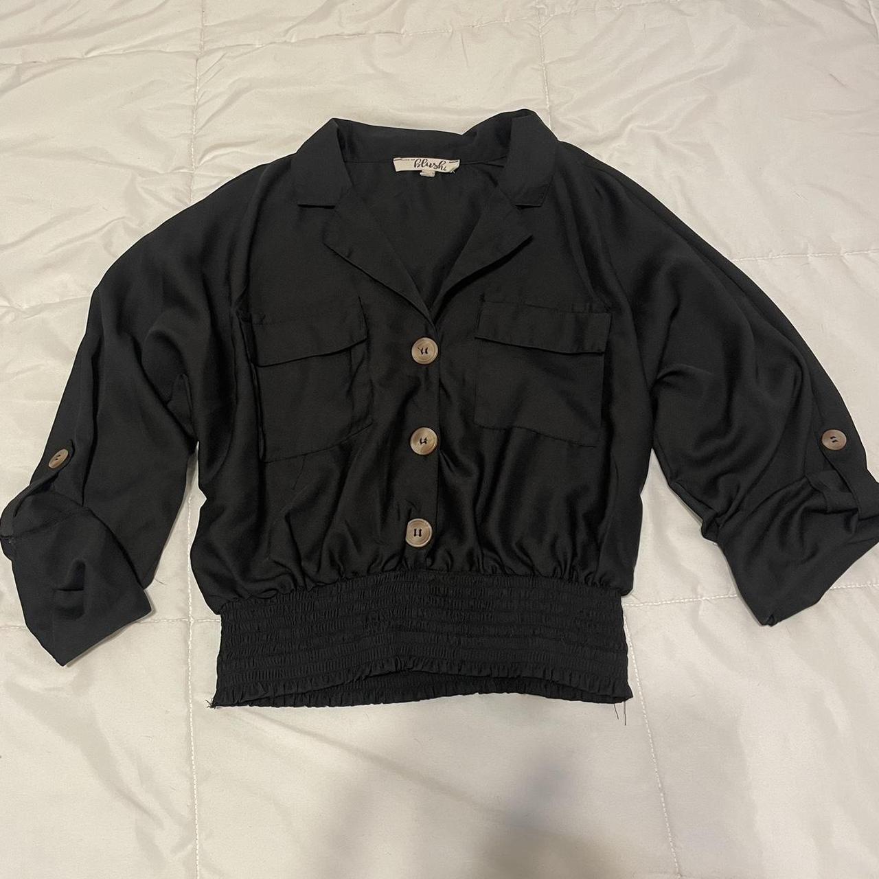 Black Button Down Blouse scrunched bottom, super... - Depop
