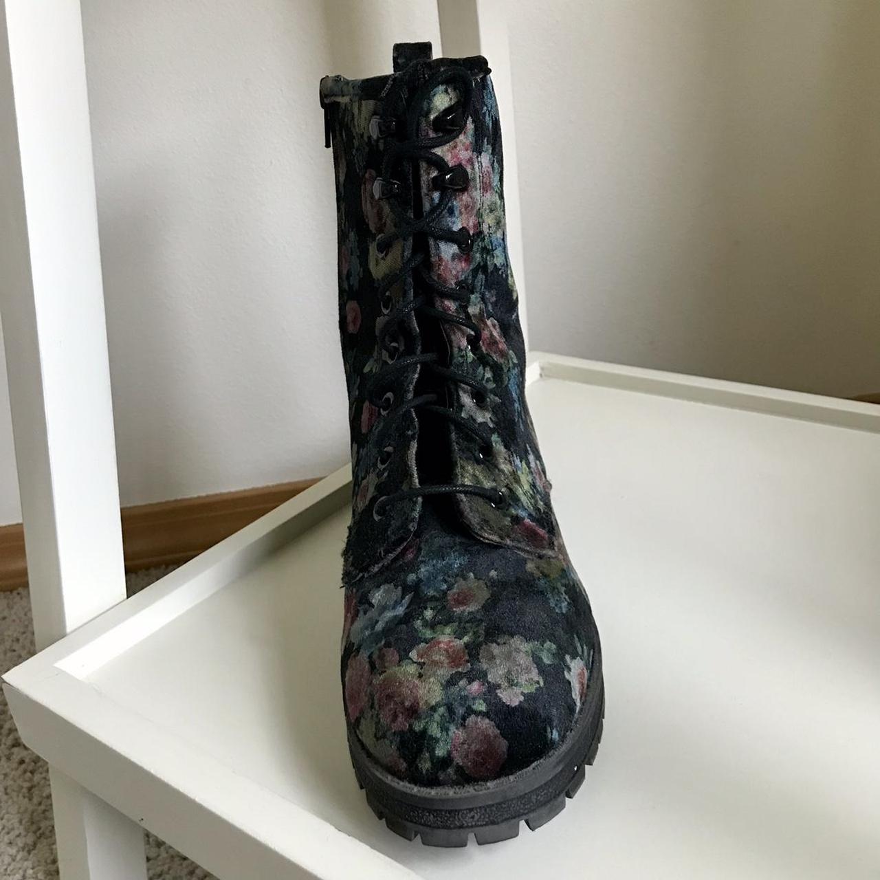 Floral combat boots. Velvet texture with lace up and... - Depop