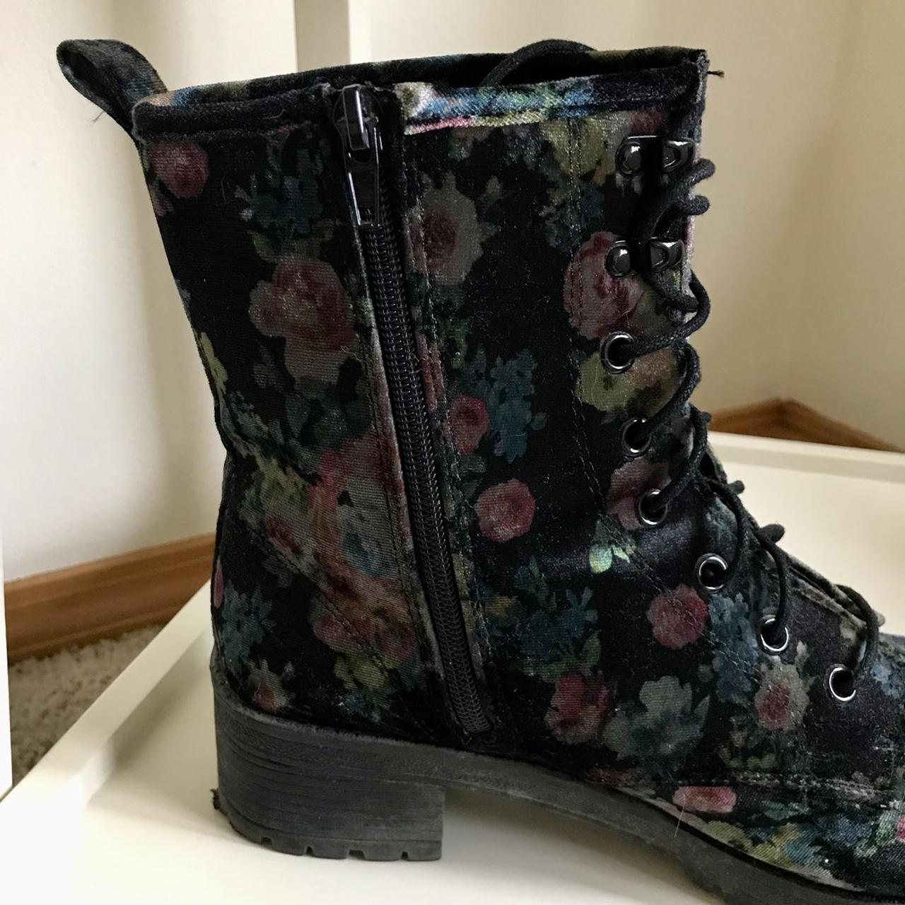 Floral combat boots. Velvet texture with lace up and... - Depop