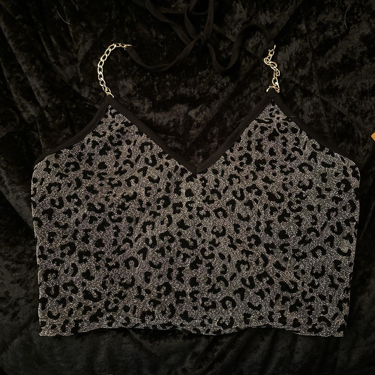Sliver and black glitter leopard print halter top - Depop