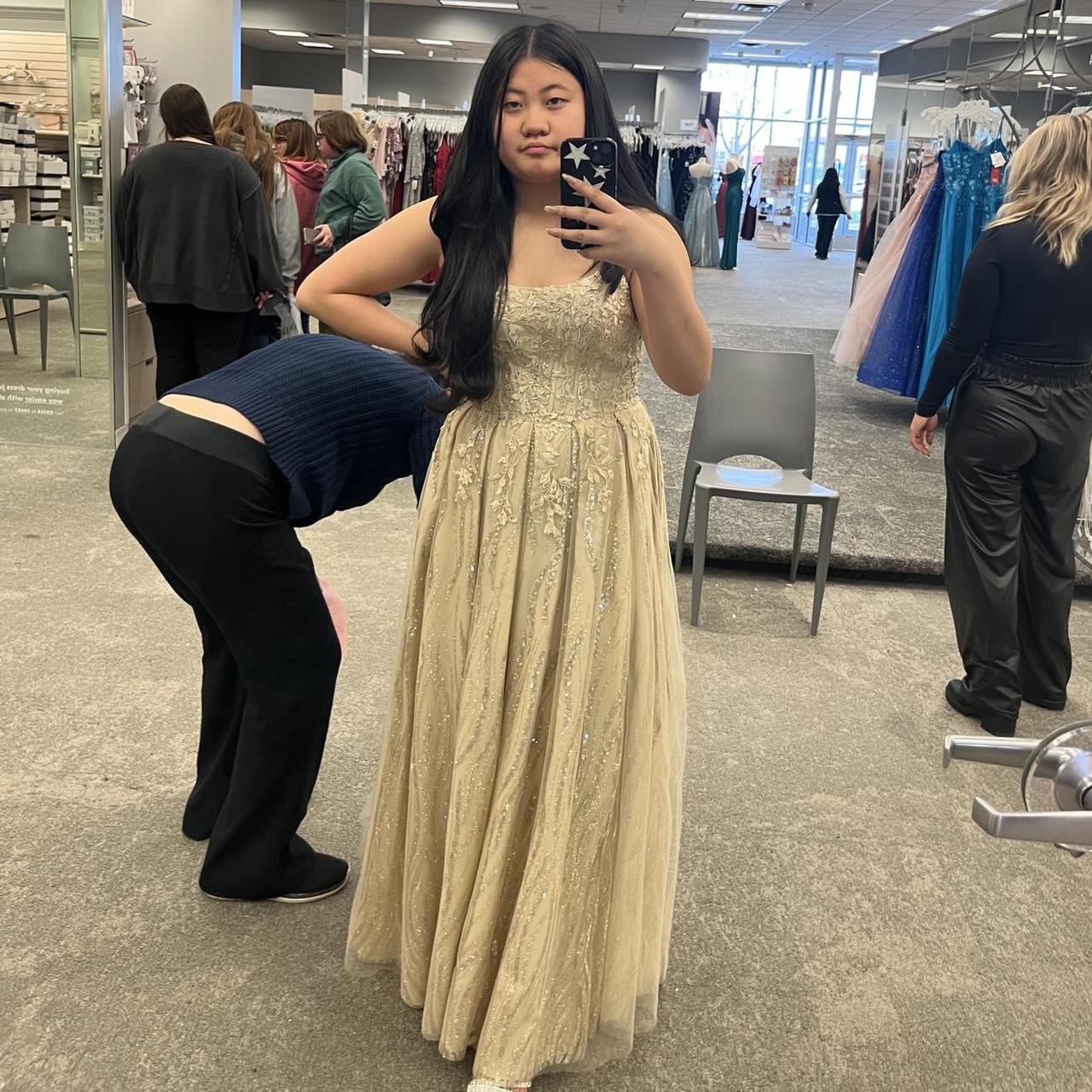 classy david’s bridal gold/cream colored prom dress... | Depop