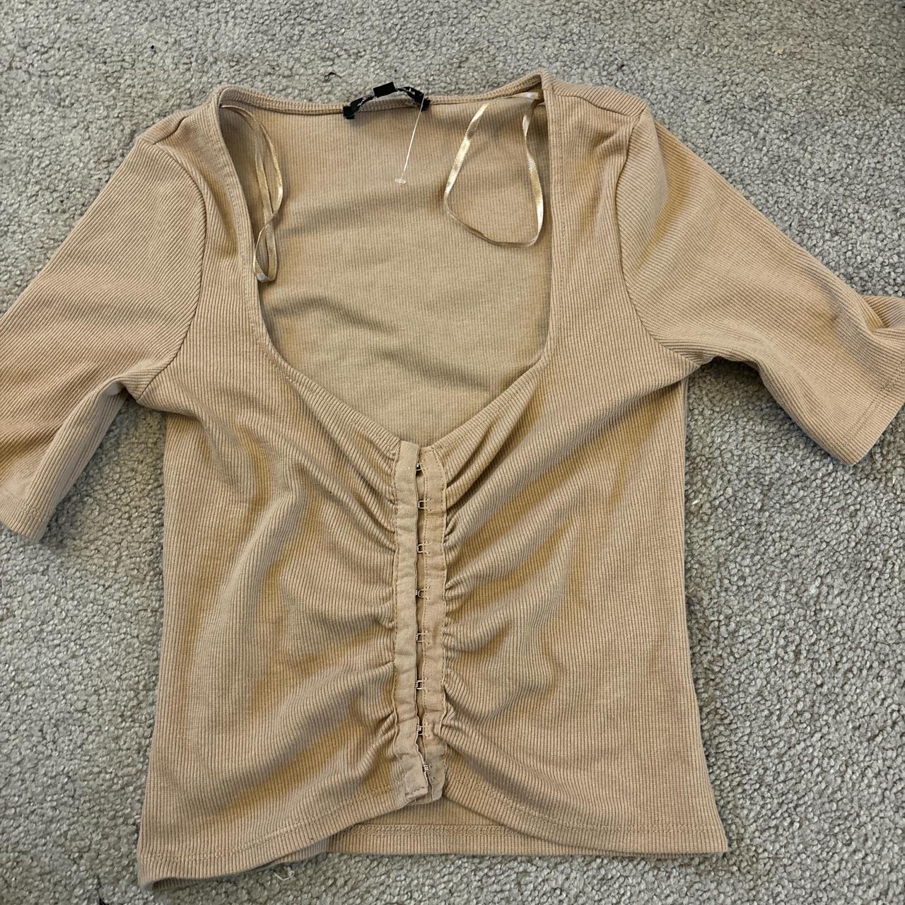 mixed threads tan ribbed top -hook and eye clasps... - Depop