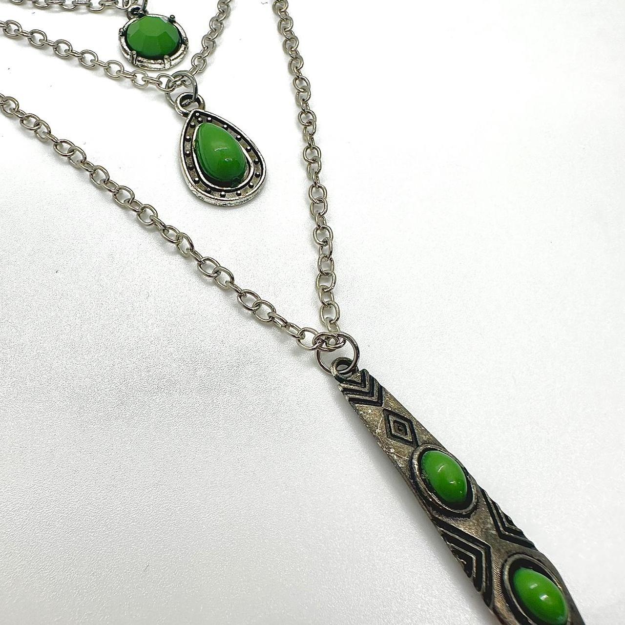 green and silver layered necklace perfect for a boho... - Depop