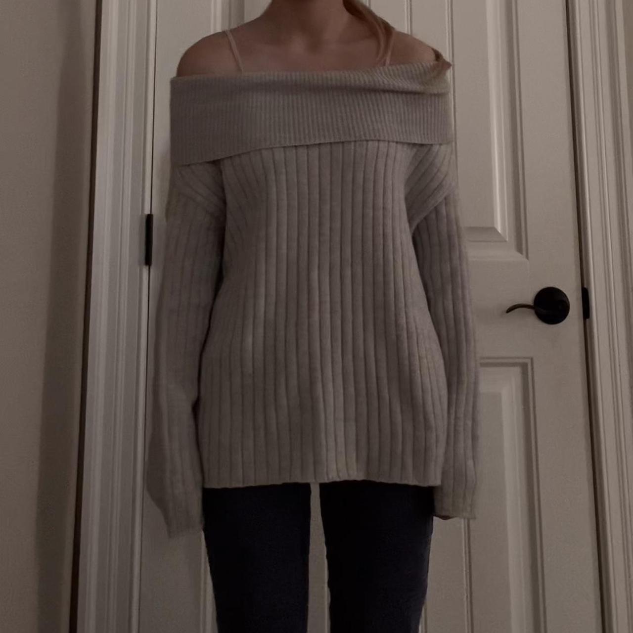 grey luxurious off shoulder clean girl sweater - Depop