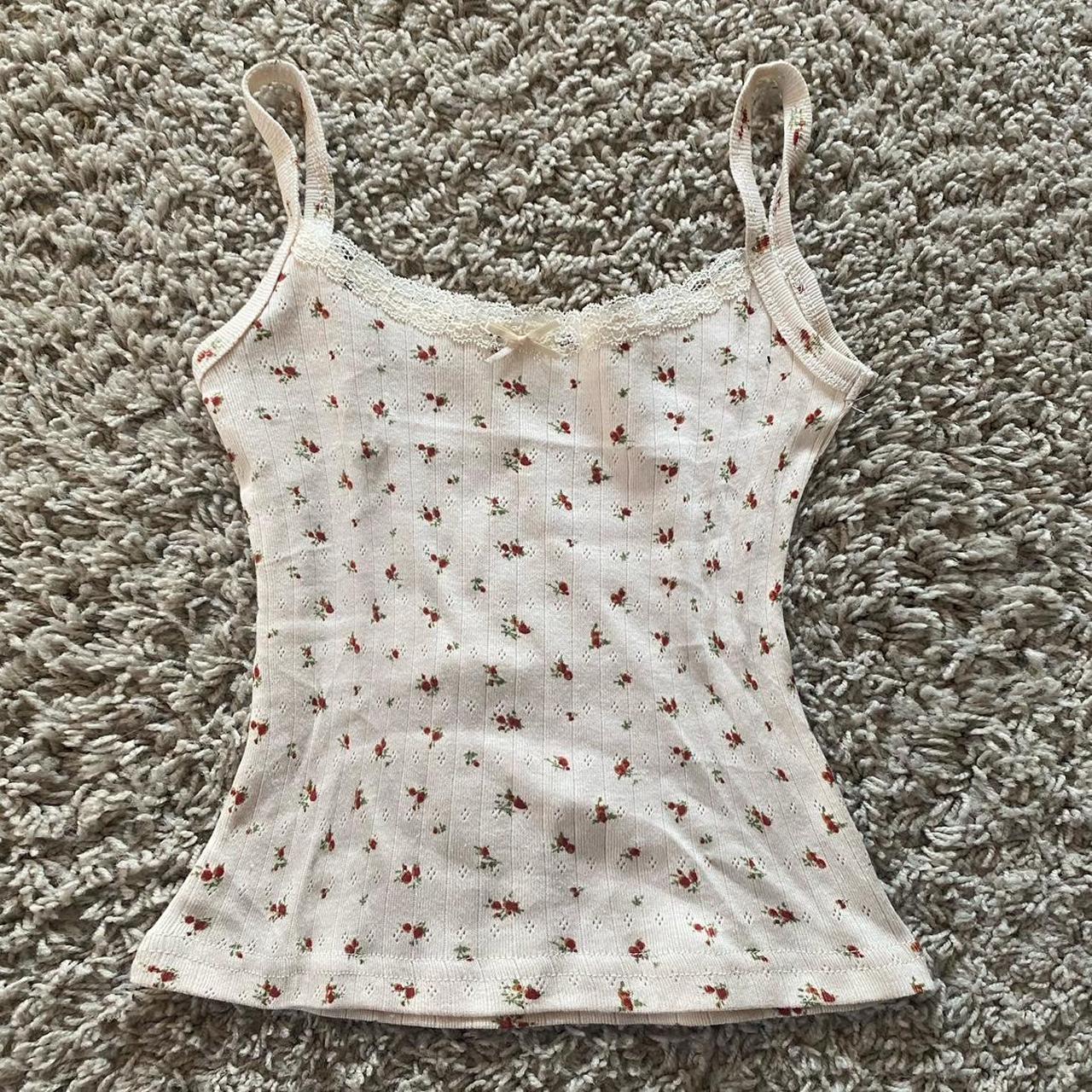 brandy melville cherry red floral laced crop top red... - Depop