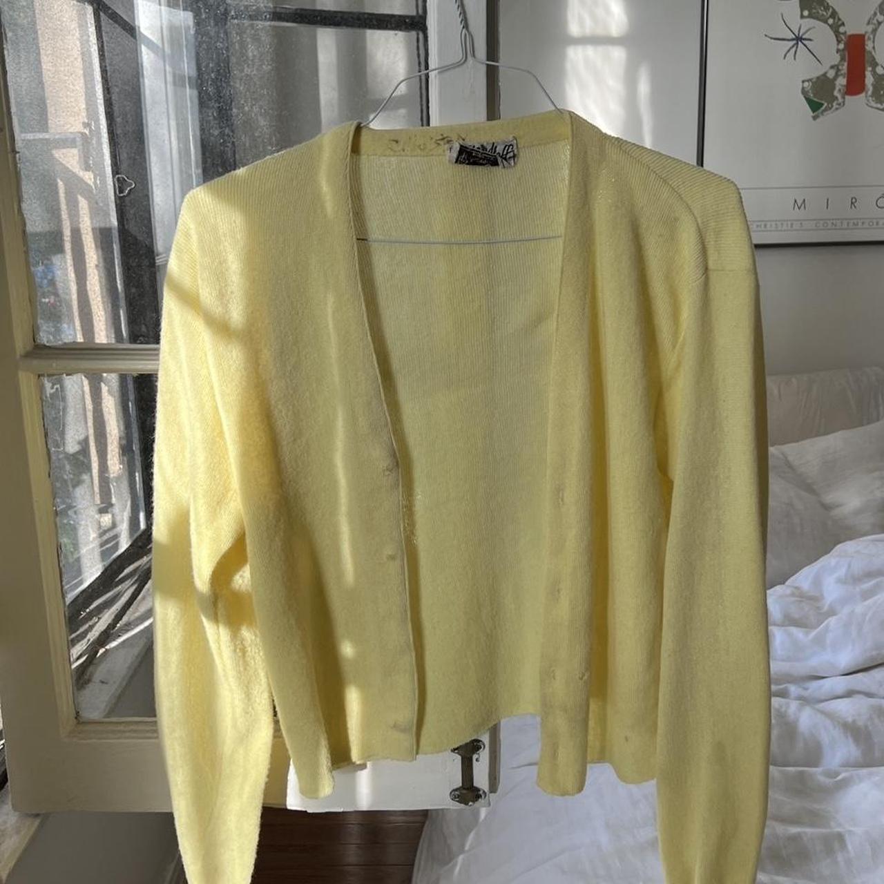 vintage yellow cardigan sharpie on tag/collar. not... - Depop