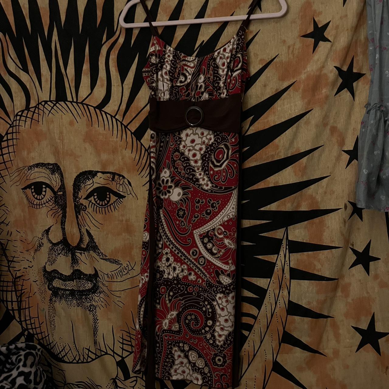 cute brown patterned dress very flattering tagged... - Depop