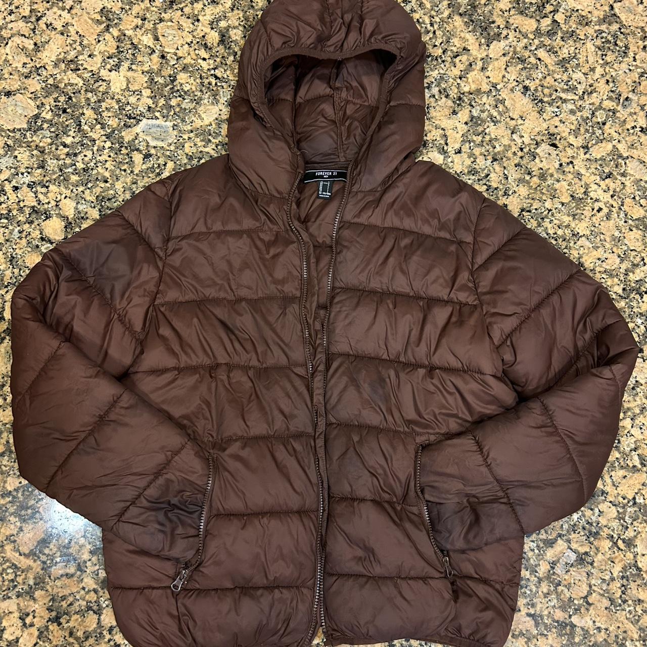 Brown puffer jacket with hood #pufferjacket (Small... | Depop