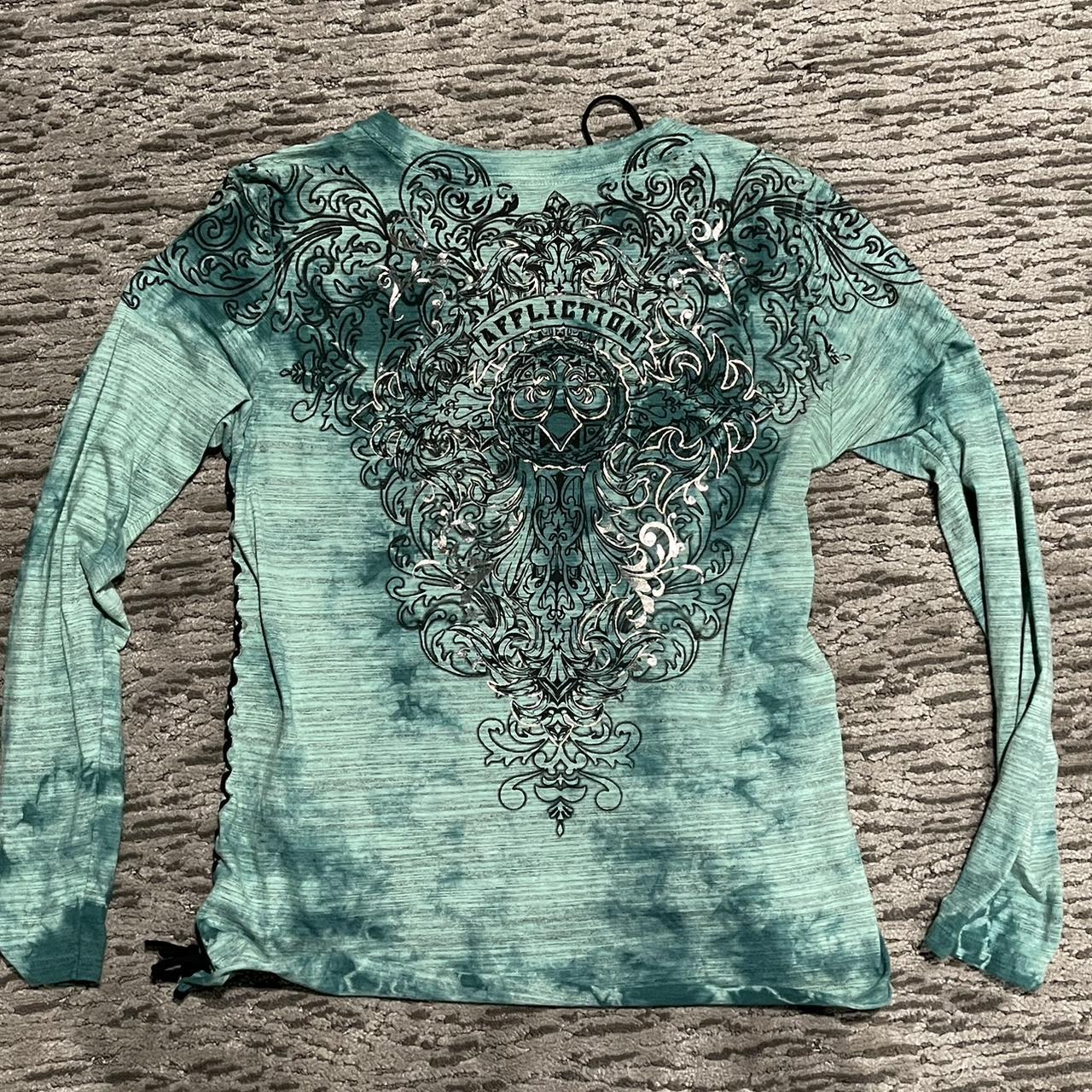 Teal womens affliction shirt with lace up collar.... - Depop