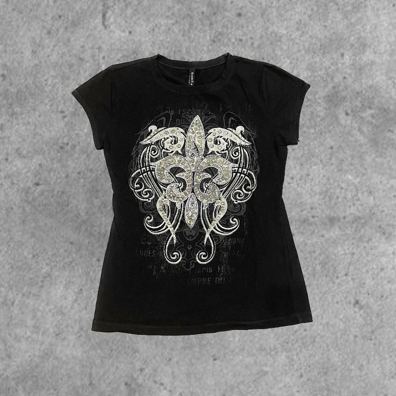 Y2K girls shirt Rhinestones fire design Faded... - Depop