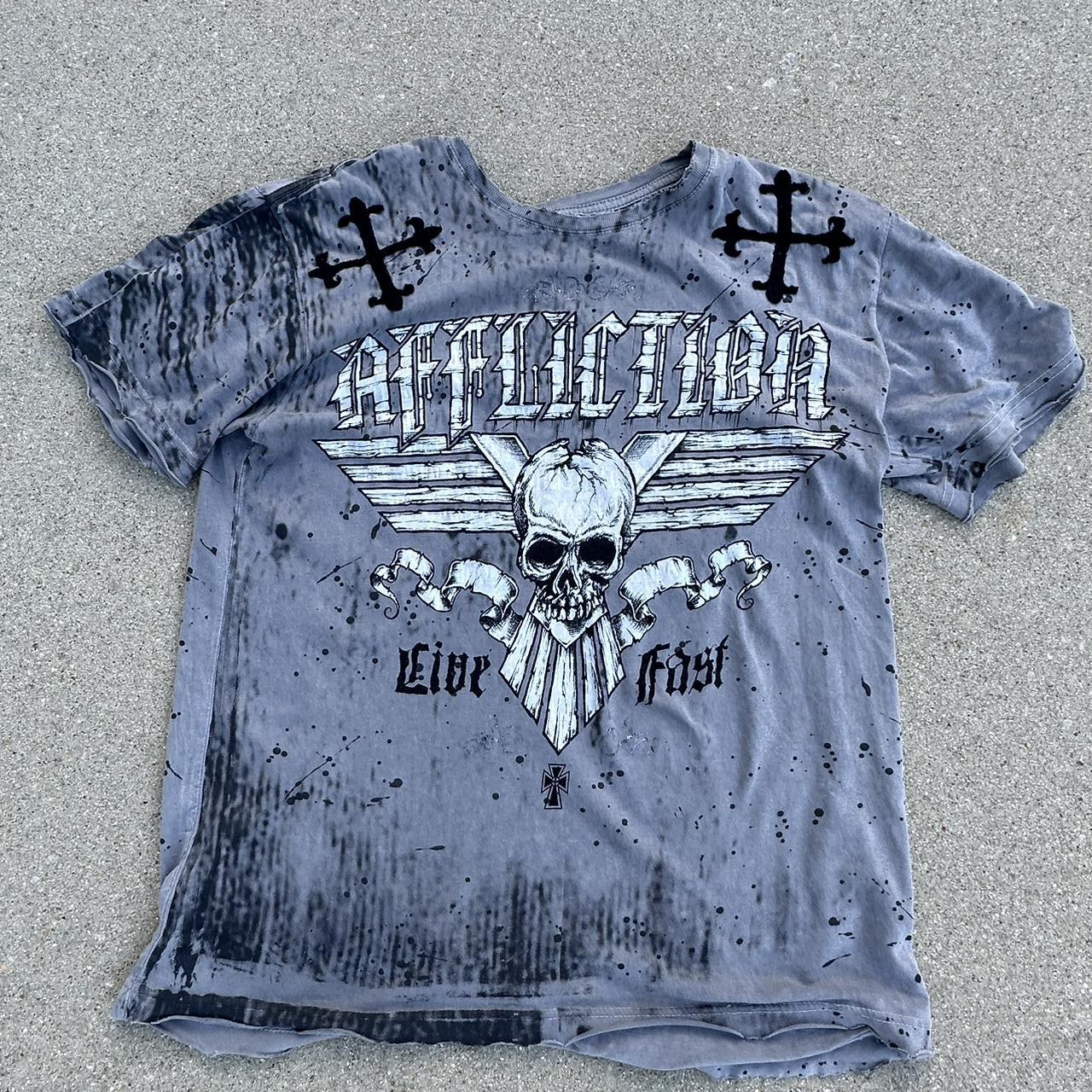 Affliction Men's Grey and Black T-shirt | Depop