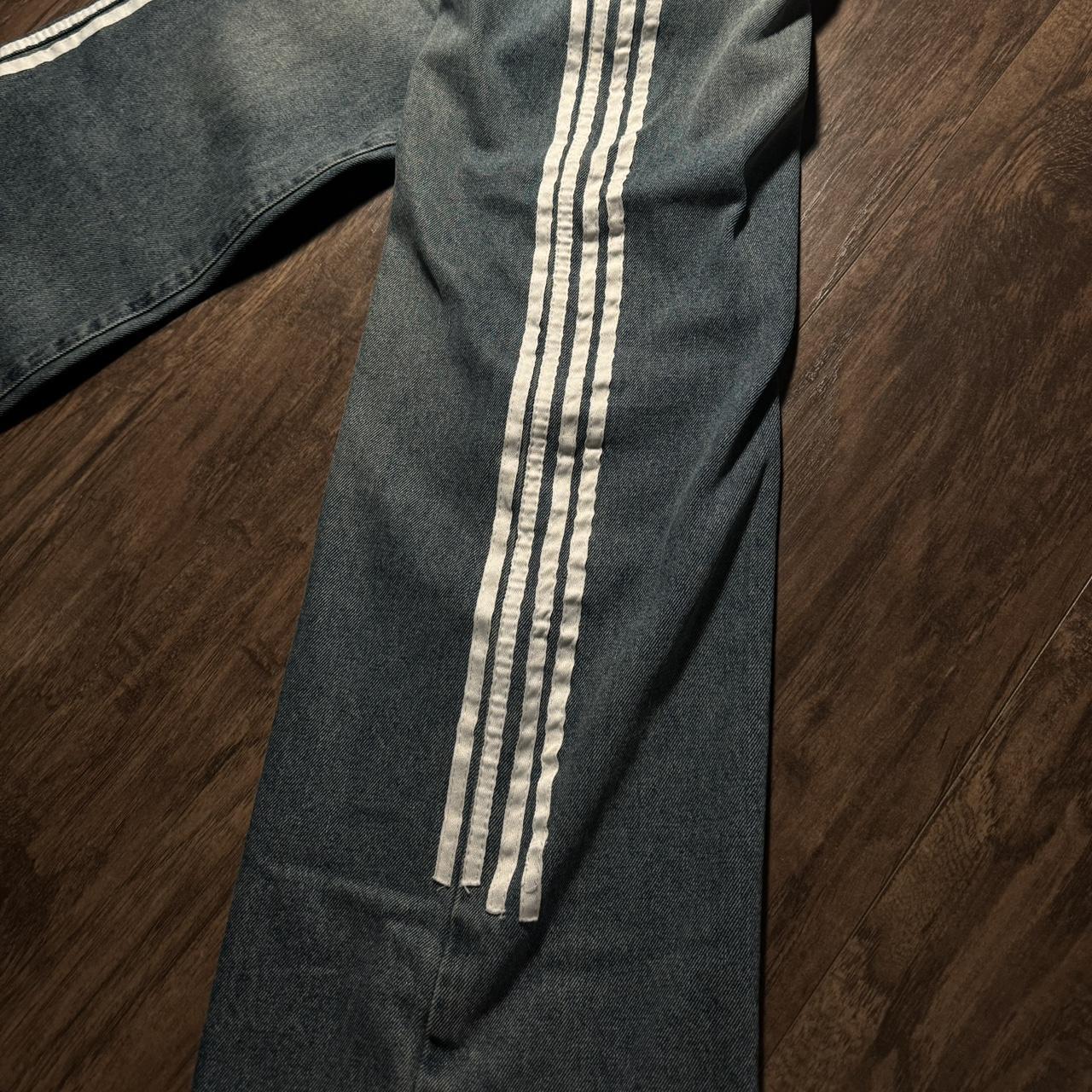 White Striped Blue Denim Green wash jeans size XS... - Depop